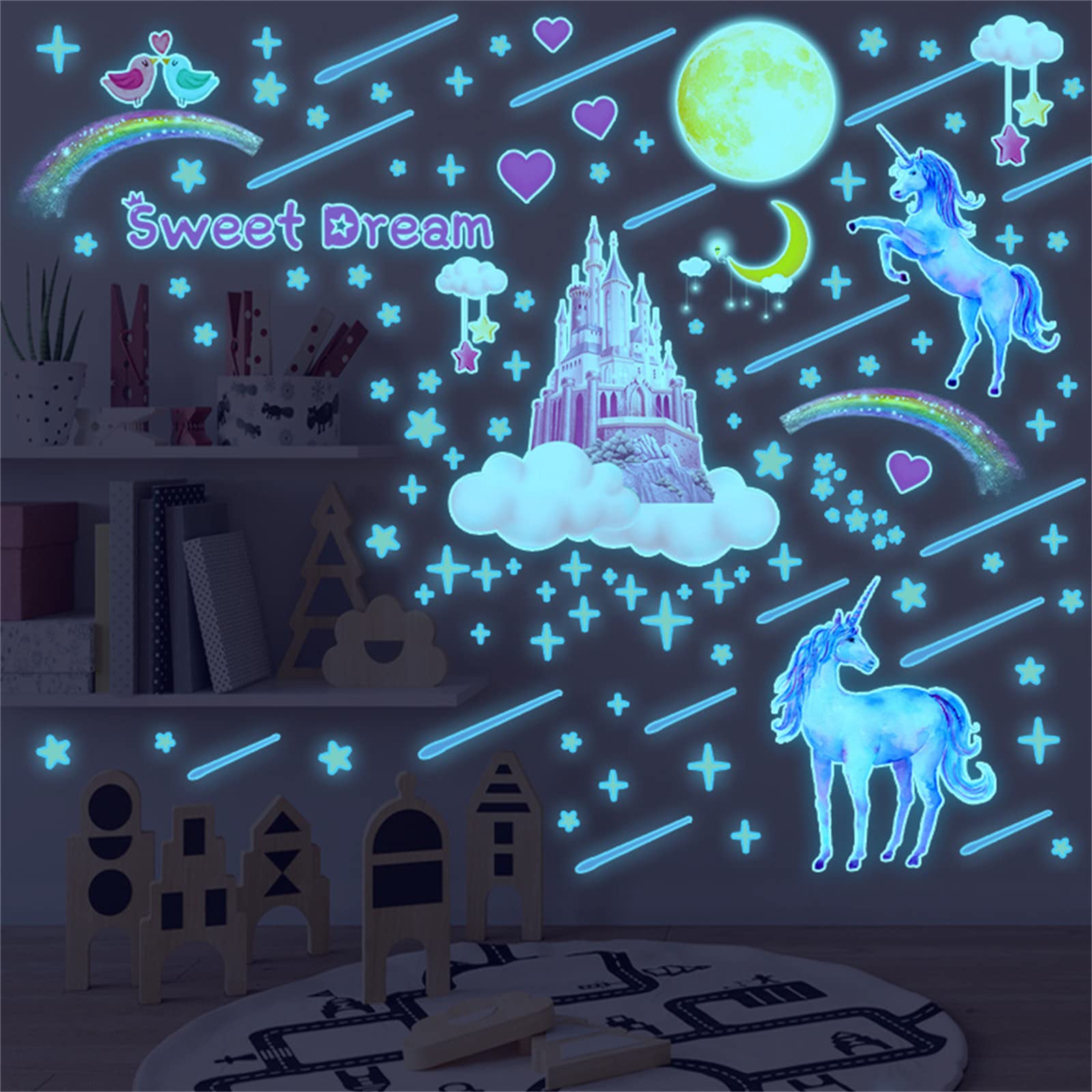 Glow in The Dark Unicorn Castle Wall Decals ,Peel and Stick Colorful Unicorn Wall Stickers with Moon Stars Sweet Dream Wall Art for Girls Kids Bedroom Nursery Party Home Decor(Blu-ray)