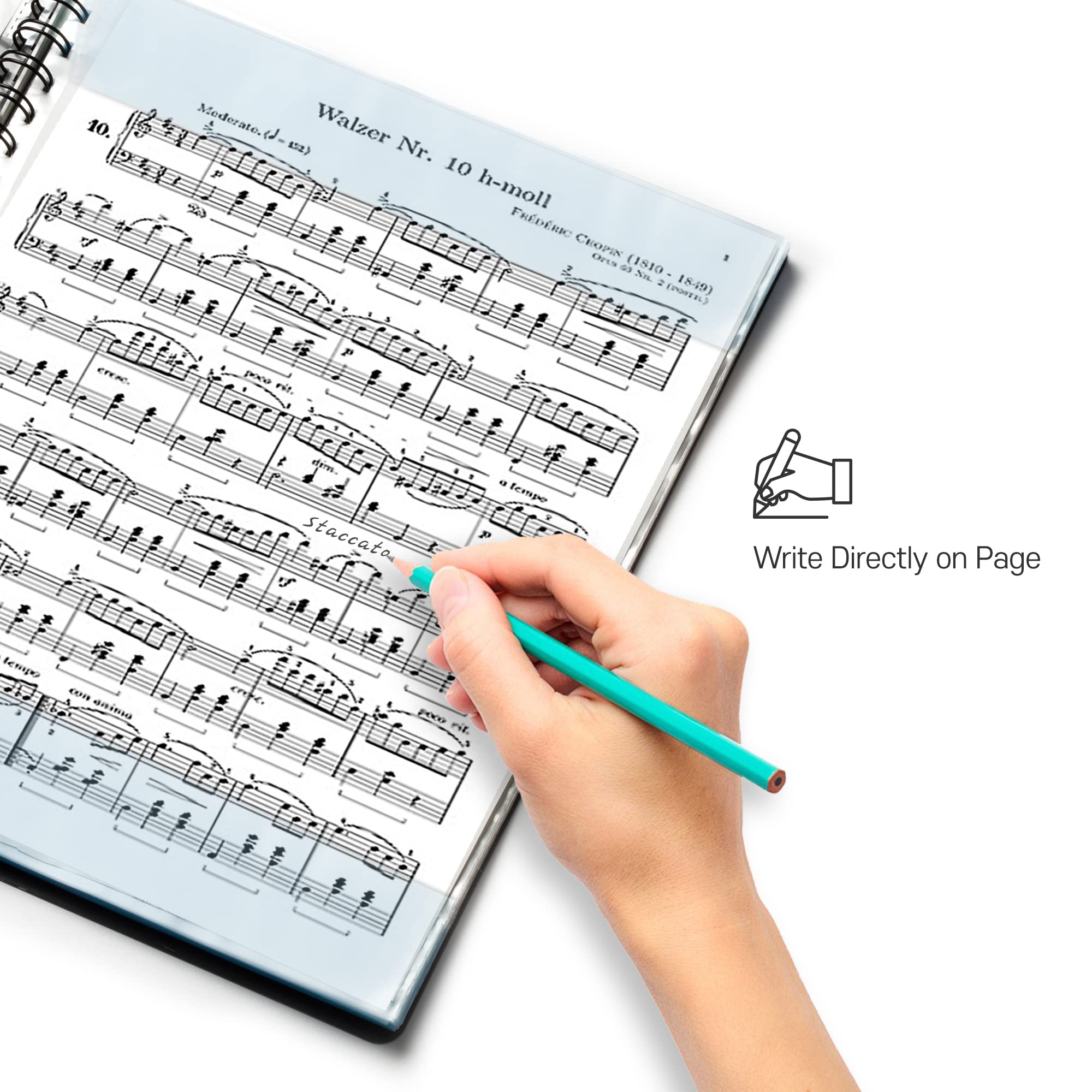 MECCALINE Sheet Music Folder (1 Pack, Black) – 40 Sleeves Display 80 Pages Spiral Binder Organizer for Music Stand – Fits Letter Size 8.5 x 11 Inch – Direct Page Writing with Detachable Name Tag