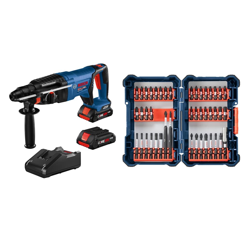 BOSCH GBH18V-26DK25 18V EC Brushless SDS-plus Bulldog 1 In. Rotary Hammer Kit with (2) CORE18V 4.0 Ah Compact Batteries&BOSCH 44 Piece Impact Tough Screwdriving Custom Case System Set SDMS44