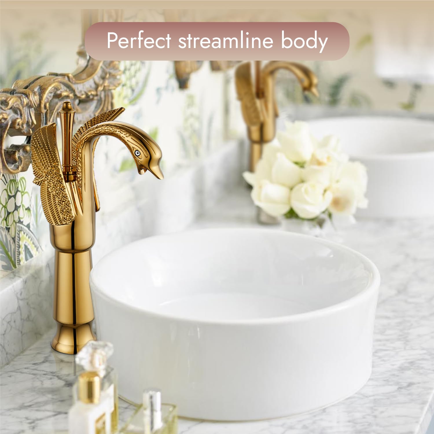 Cinwiny Swan Faucet Bathroom Sink Faucet Polished Gold Swan Shaped Single Handle One Hole Tall Lavatory Basin Tap Mixer Deck Mount Bird Faucet