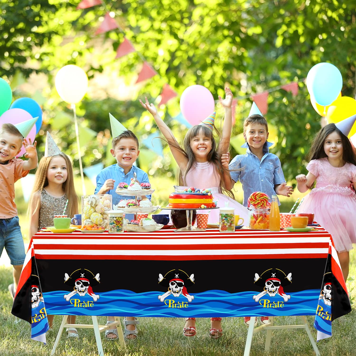 JHkim Pirate Graduation Tablecloth, 2 Packs 52" X 87" Party Tablecloths, Plastic Disposable Tablecover for Pirate Themed Party Supplies Decorations Kindergarten