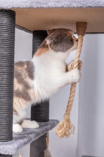 Catry Babylon Cat Tree - A Dynamic Complex Cat Tower with Cat Hammock, Scratching Post, and Playful Toys Invariably Trap Kitten to Stay Around This Easy Assembled Sturdy Cat Furniture, Classic Grey