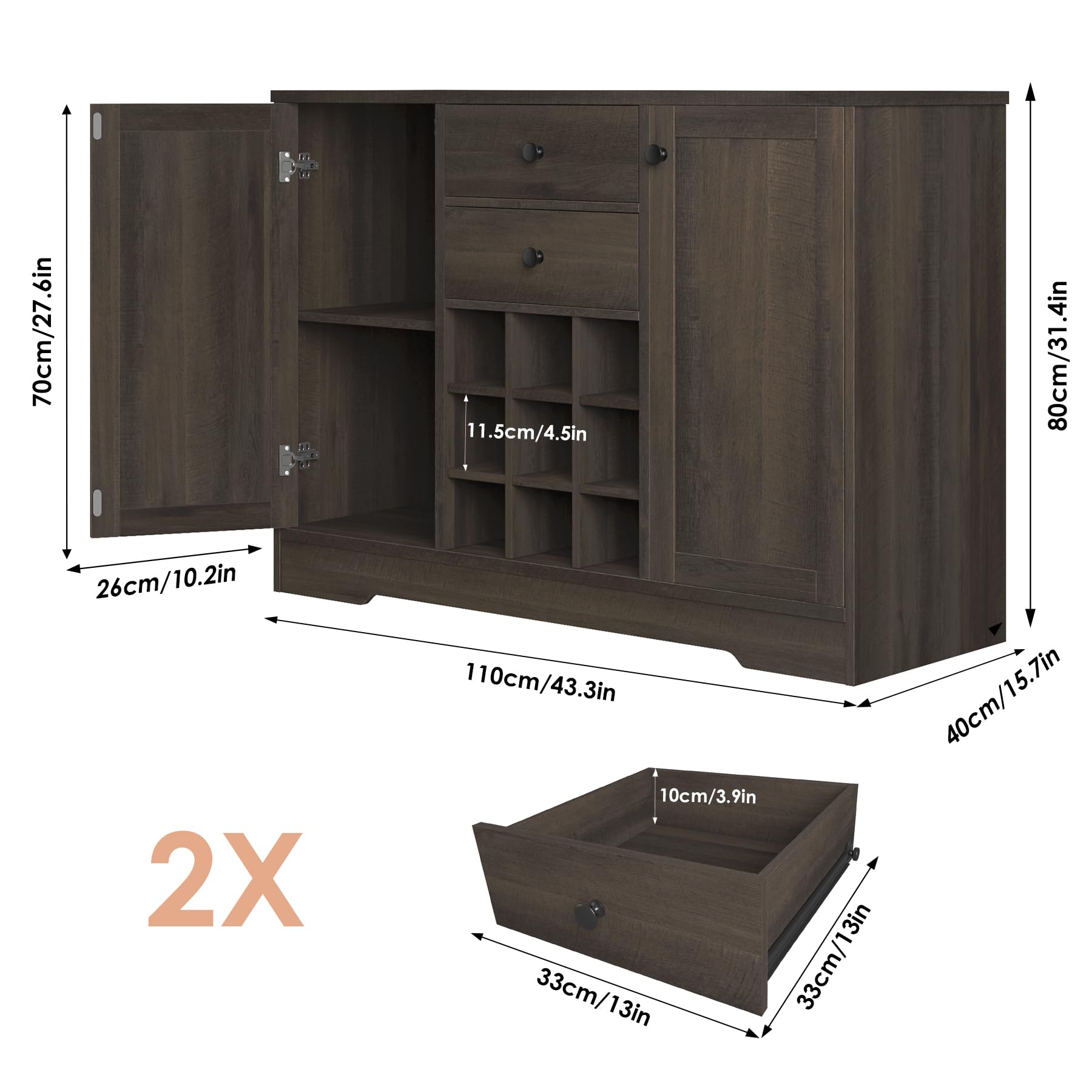 BOTLOG Buffet Sideboard Bar Cabinet with Storage, Farmhouse Coffee Bar Cabinet with 2 Drawers and Adjustable Shelves, 43.3β Kitchen Buffet Storage Cabinet for Kitchen, Dining Room (Dark Brown)