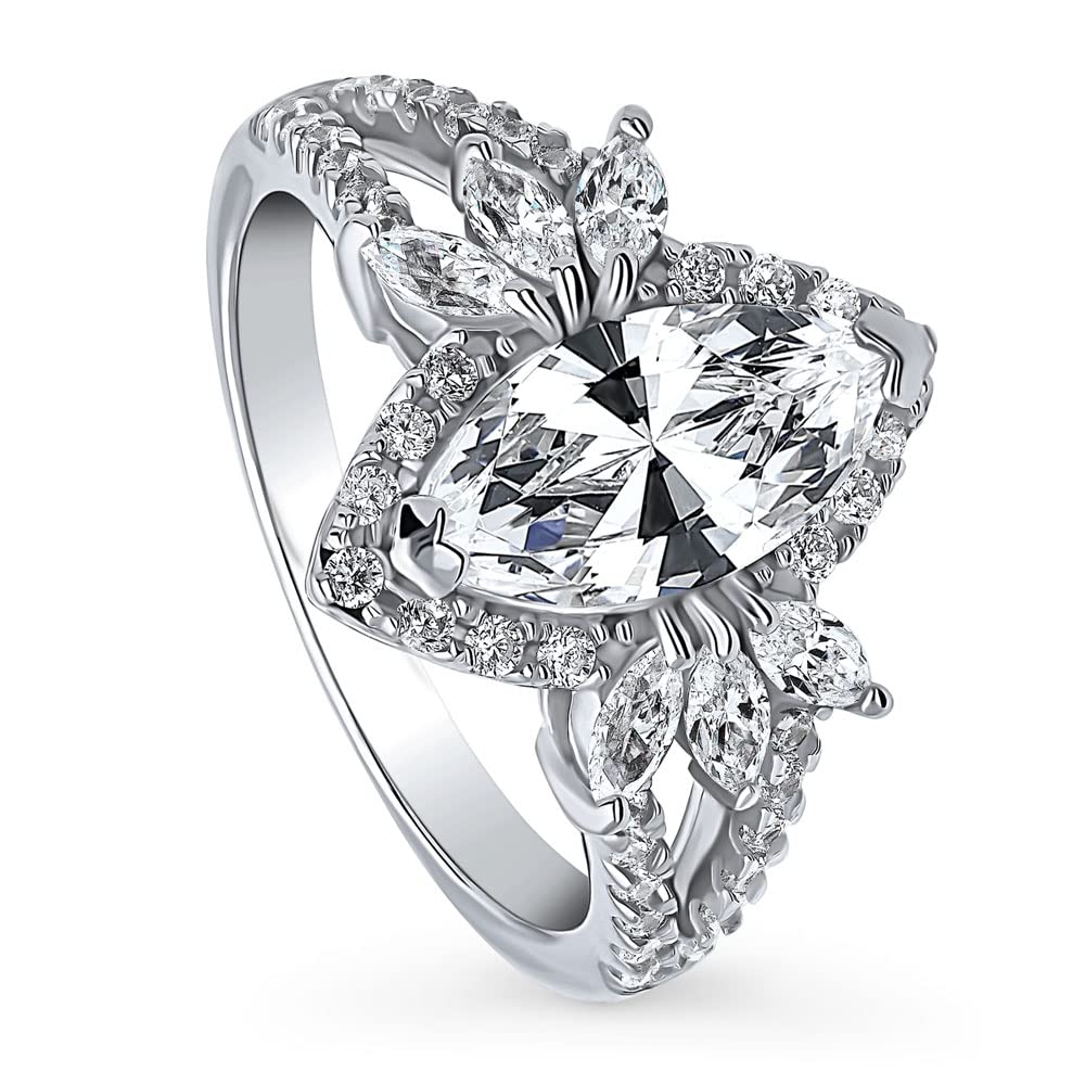 BERRICLE Sterling Silver Halo Wedding Engagement Rings Marquise Cut Cubic Zirconia CZ Flower Split Shank Ring for Women, Rhodium Plated Size 5