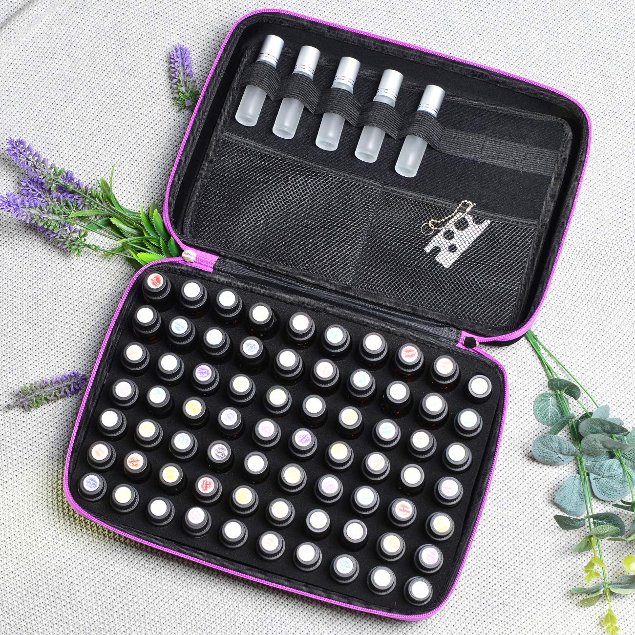 BES CHAN Essential Oil Carrying Organizer Storage Case for 70 Roller Bottles 5/10/15/20ml Small bottles with Free Writable Labels Opener Holds Purple-13.2" Lx9.4 Wx3.7 H