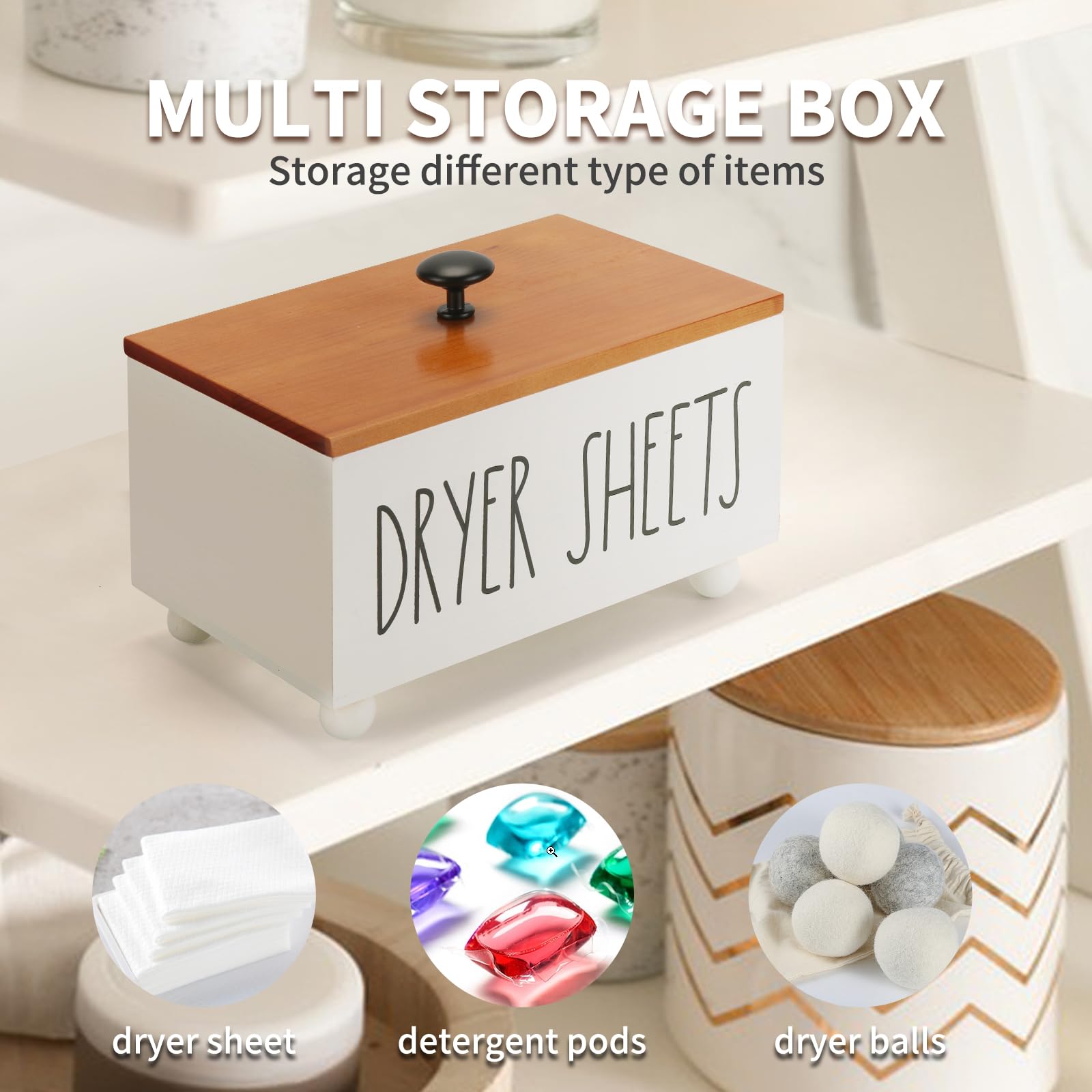 Eniffbaa Dryer Sheet Box with Lid, Dryer Sheet Holder Dispenser Container, Laundry Room Decor, Wood Box for Laundry Room Organization, Gift Storage Dryer Sheets, Fabric Sheet, Dryer Balls (Black)