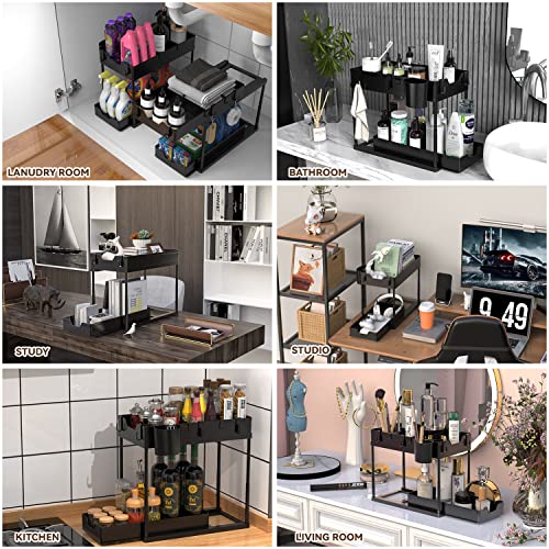 GAOLINE 2 Pack 2 Tier Under Sink Organizers and Storage with 8 Hooks, 4 Long Bulkheads, 4 Short Bulkheads & 2 Hanging Cups, Double Sliding Drawers Cabinet Basket Organizer, Up to 15 inches High, Black