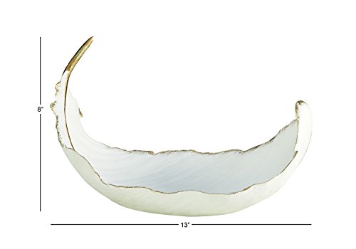CosmoLiving by Cosmopolitan Polystone Bird Curved Feather Decorative Bowl with Distressed Gold Accents, 13" x 8" x 8", White, SMALL SIZE