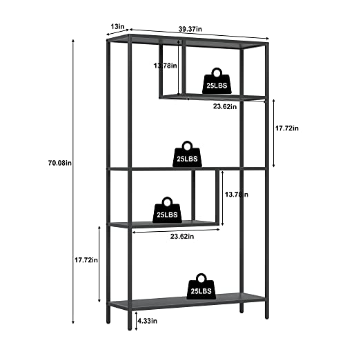 HOME BI Bookshelf,4 Tier Metal Frame Bookcase, Tall Book Shelf,Open Display Shelves for Office, Study Room, Living Room,Black 13" D x 39.37" W x 70.08" H