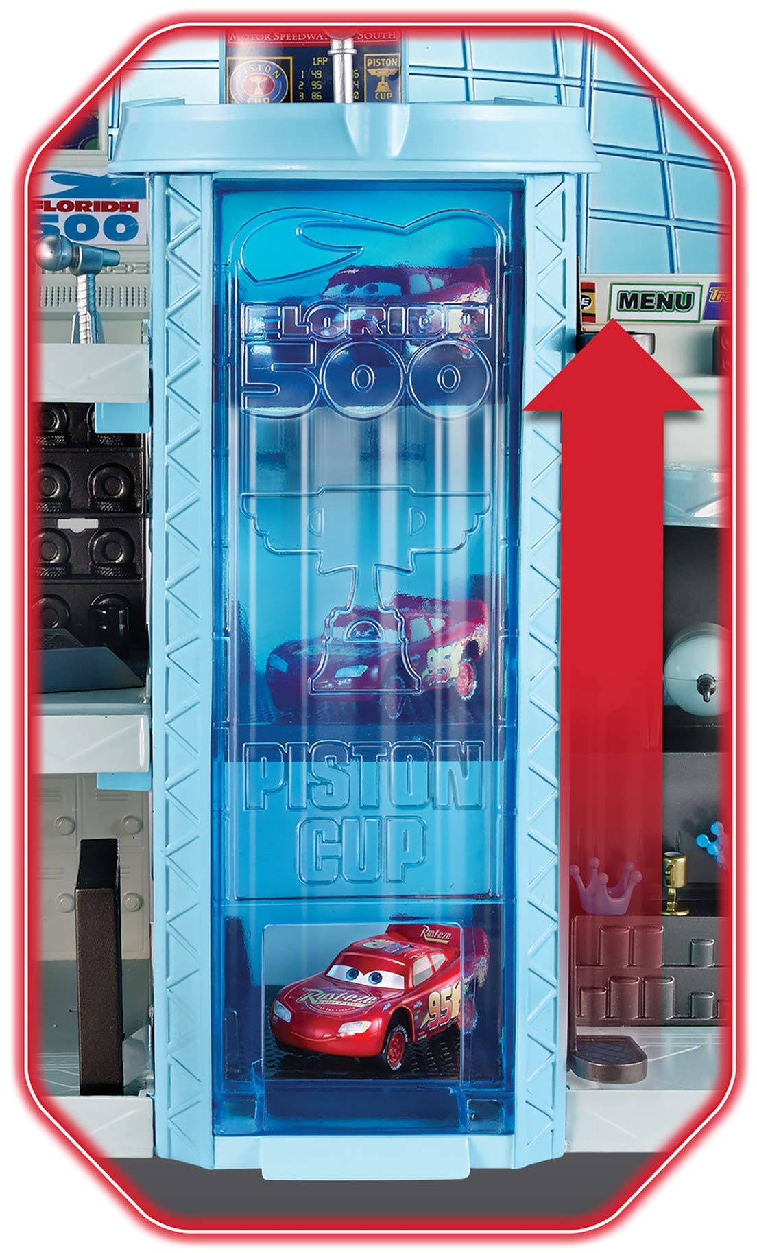 Mattel Disney and Pixar Cars Garage Playset with Lightning McQueen & Cruz Ramirez Toy Cars, Florida Speedway Mega 3-Level Garage
