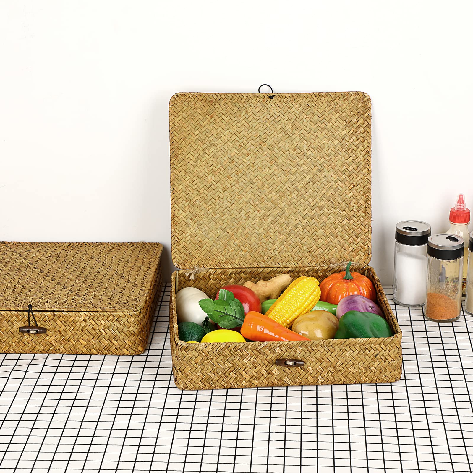 BTSKY 2 Pack Wicker Baskets With Lids Flat Woven Storage Bins for Shelf Organizing Natural Seagrass Storage Baskets with Lids Home Utility Organizer Box for Home & Office Supplies, Caramel (Large)