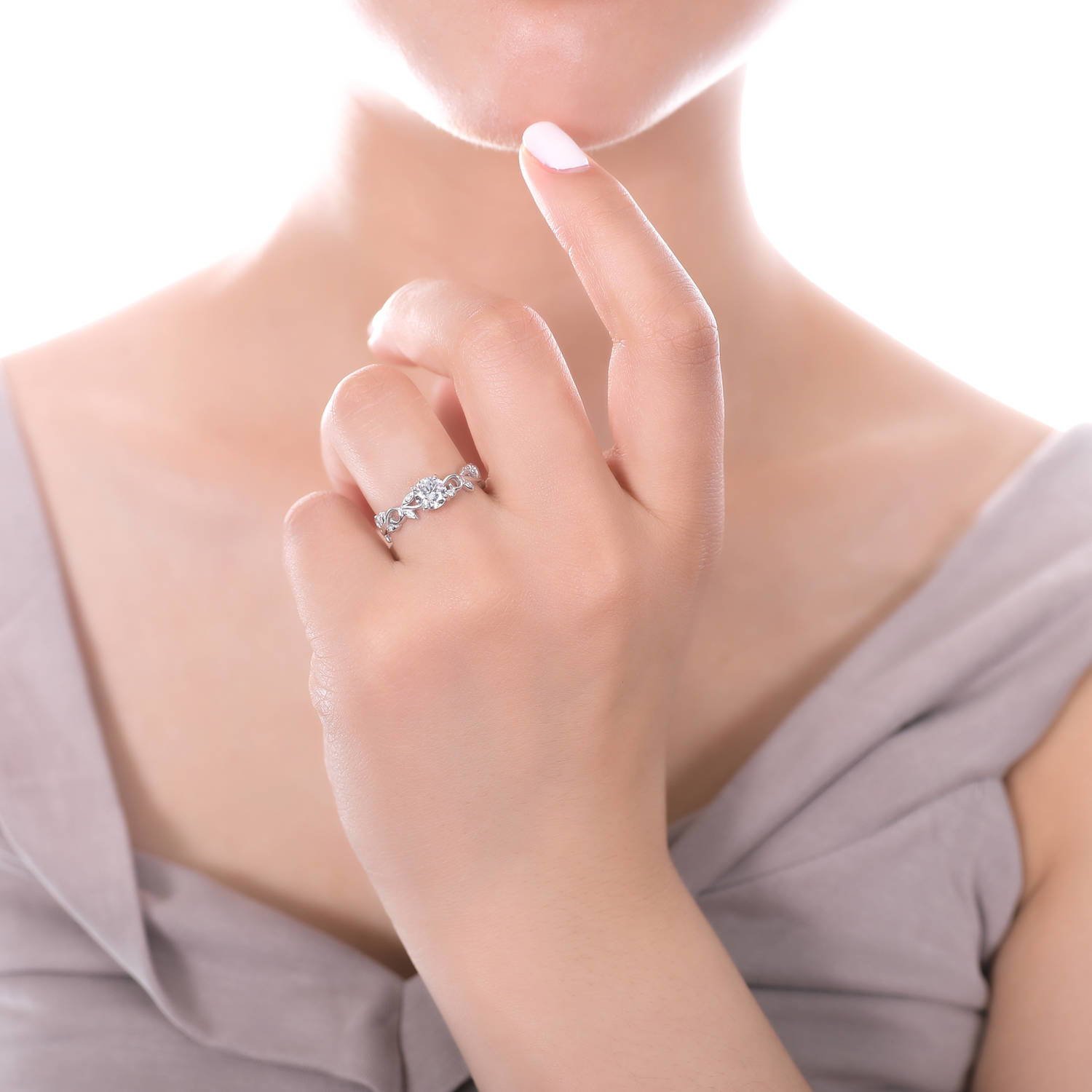 BERRICLE Sterling Silver Leaf Wedding Engagement Rings Cubic Zirconia CZ Solitaire Ring Set for Women, Rhodium Plated Size 9