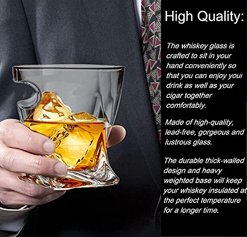 Bezrat Old Fashioned Whiskey Cigar Glasses With Side Mounted Cigar Holder + Whisky Chilling Stones and accessories in Wooden Box - Scotch Bourbon Set for Dad, Husband, Fathers Day, Birthday Gift Set