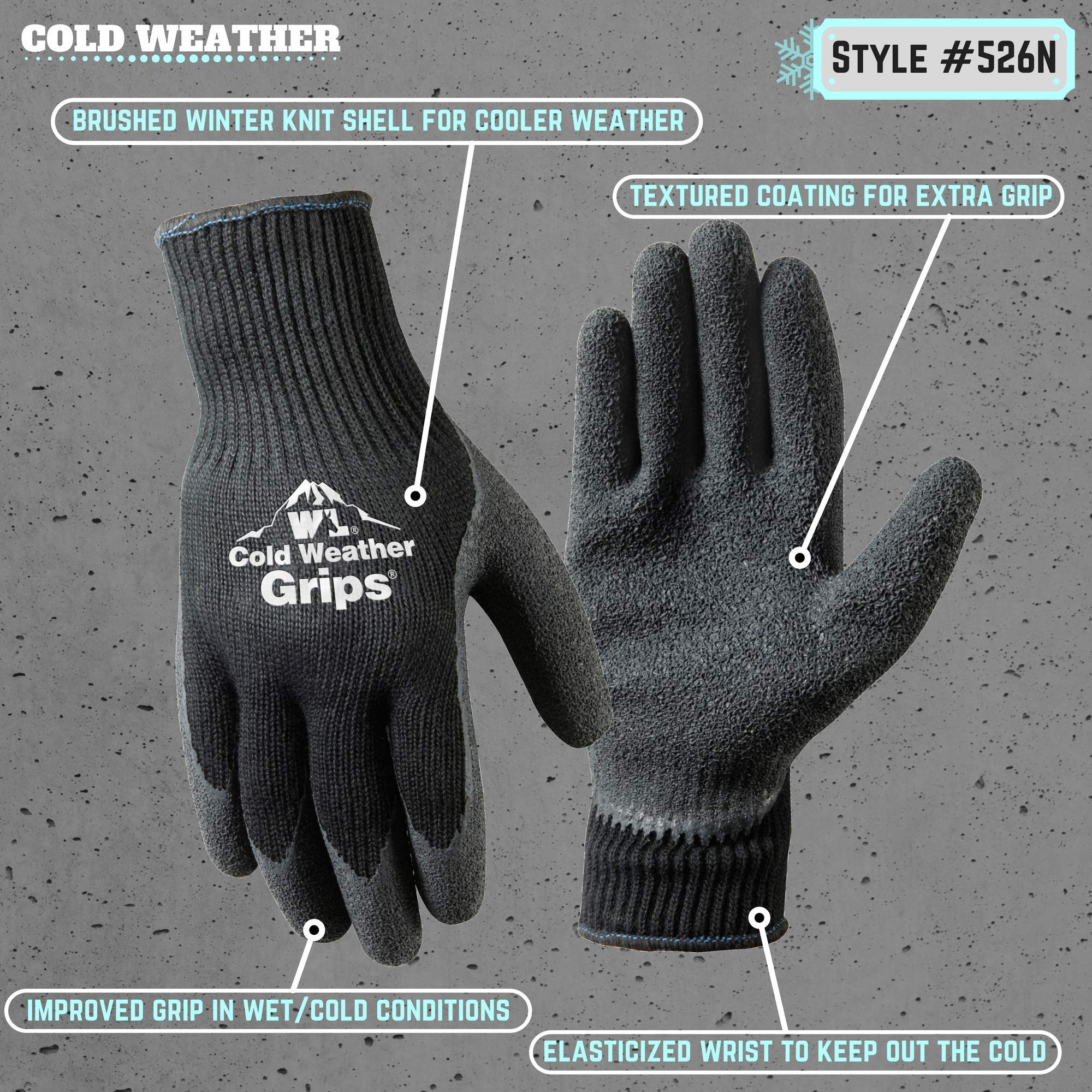 Wells Lamont Cold Weather Latex Grip Versatile Winter Work Gloves | Cut & Tear Resistant | 2-Pair Pack, Large (526LN) , Black