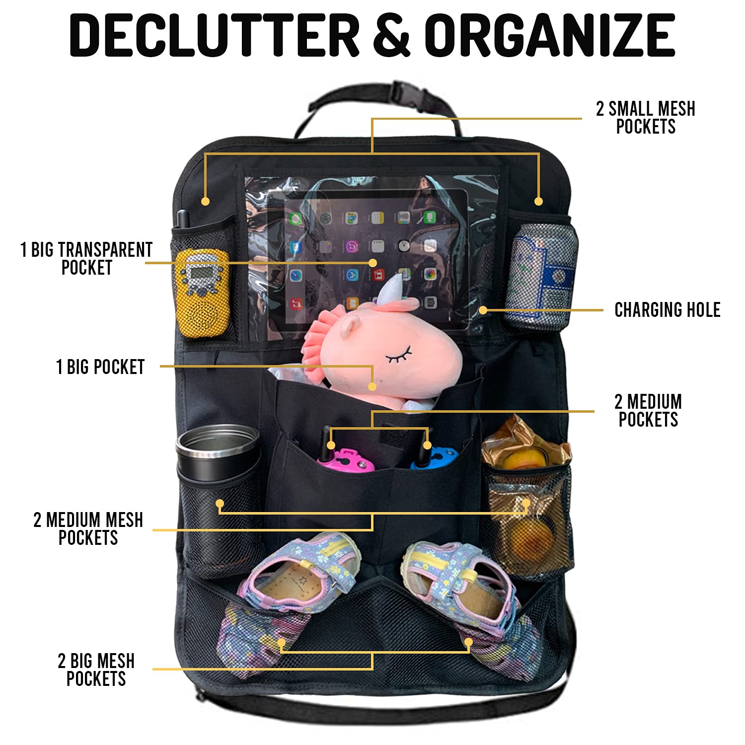 Backseat Car Organizer 1 Pack by Elitebest β 1Car Seat Organizer and Kick Mats for Road Trips β Car Backseat Organizer for Kids with USB Headphone Slits and Storage Pockets for Organization