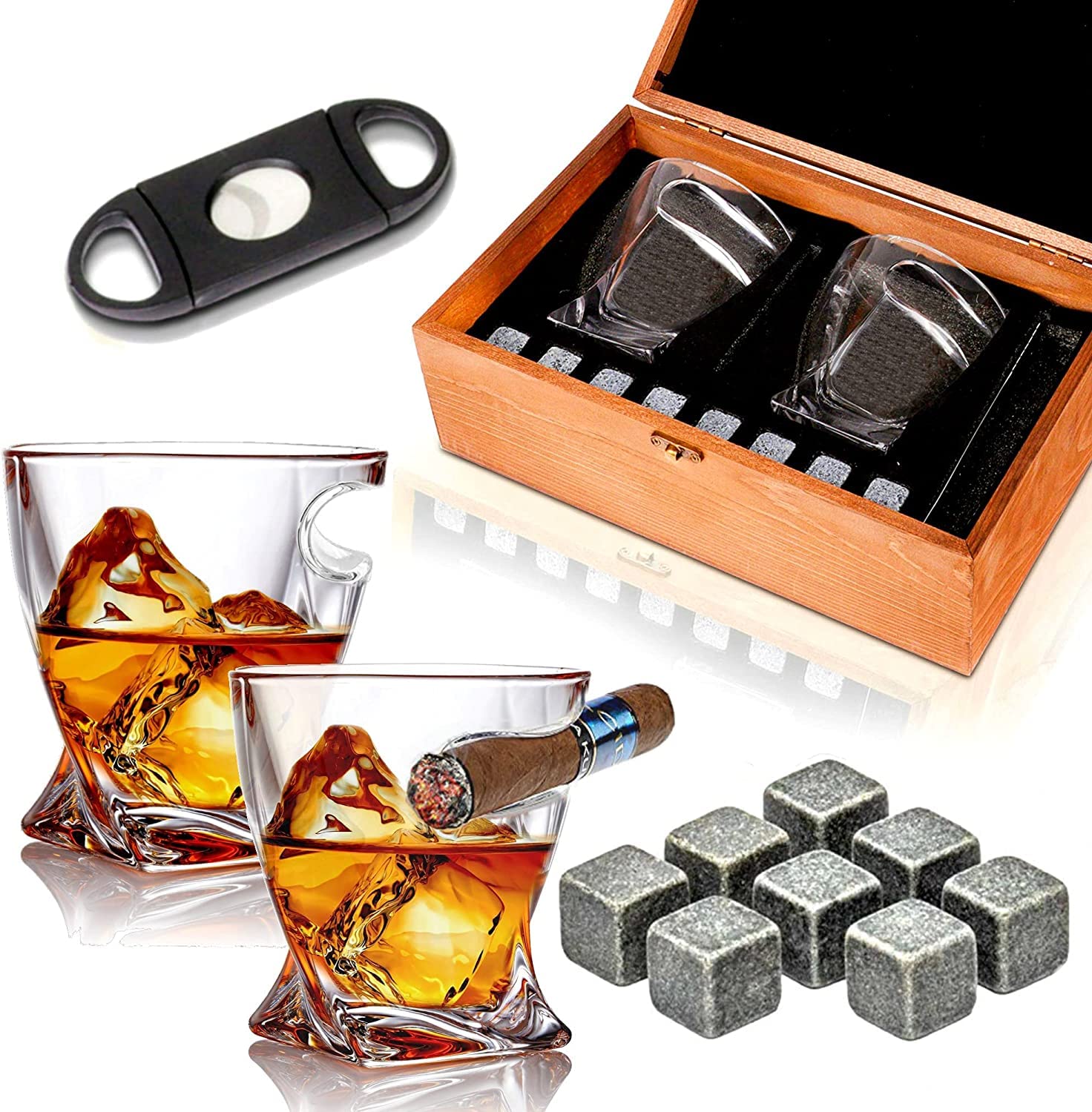 Bezrat Whiskey Cigar Glasses Gift Set - with Side Mounted Cigar Rest - Whisky Chilling Stones and accessories in Wooden Box - Scotch Bourbon Christmas Gift for Dad, Husband, Fathers Day, Birthday