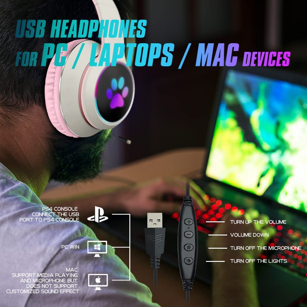 Mokata Gaming Headphone Wired USB Connect 7.1 Surround Stereo Over Ear Cat LED Light Fit Adult & Kid Foldable Headset with Mic for PC PS4 PS5 Game Laptop Pad H03 Cyan Beige White