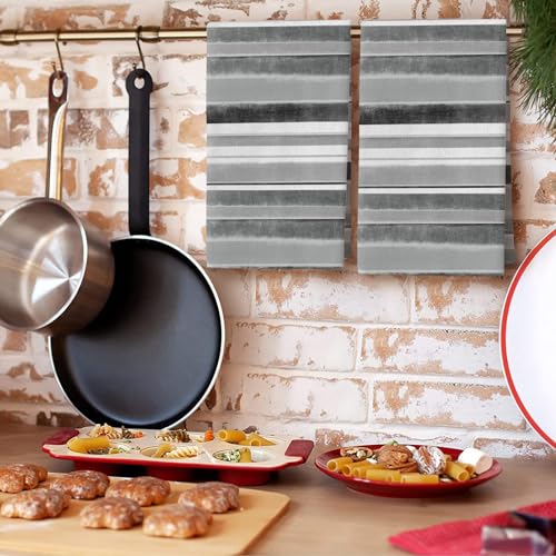 Beisseid Kitchen Dish Towels Ombre Grey Stripe Dish Cloth Fingertip Hand Towels Geometric Design Super Absorbent Soft Cotton Tea Towel 3 PCS
