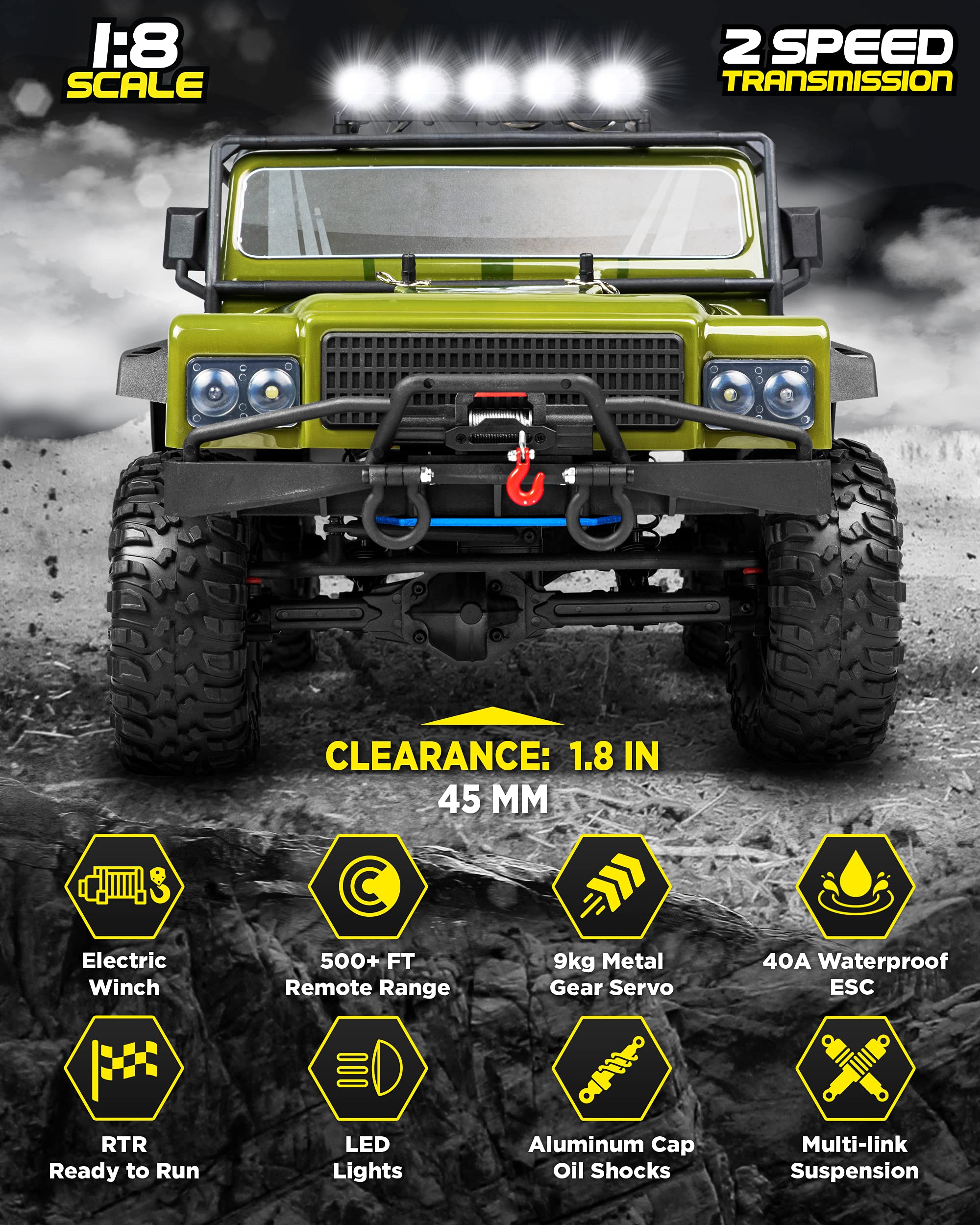 LAEGENDARY RC Crawler - 4x4 Offroad Truck for Adults - RC Rock Crawler, Fast Speed, Electric, Hobby Grade Car - 1:8 Scale, Brushed, Army Green