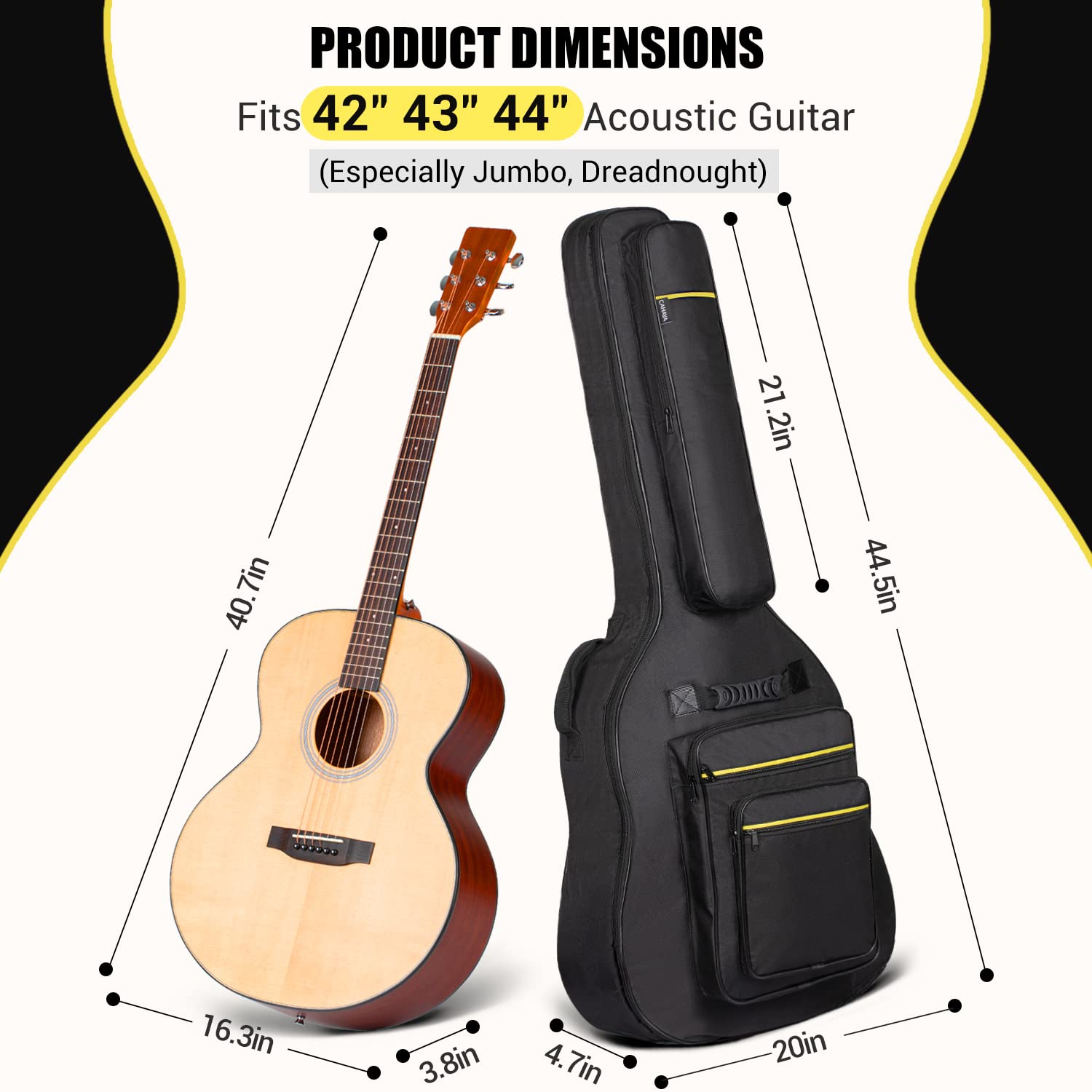 CAHAYA 44 Inch Guitar Bag Multi-pockets for Jumbo and Dreadnought Yellow Line Guitar Case 0.47in Thick Padding Water Resistent Dual Adjustable Shoulder Strap Gig Bag with Back Hanger Loop CY0284