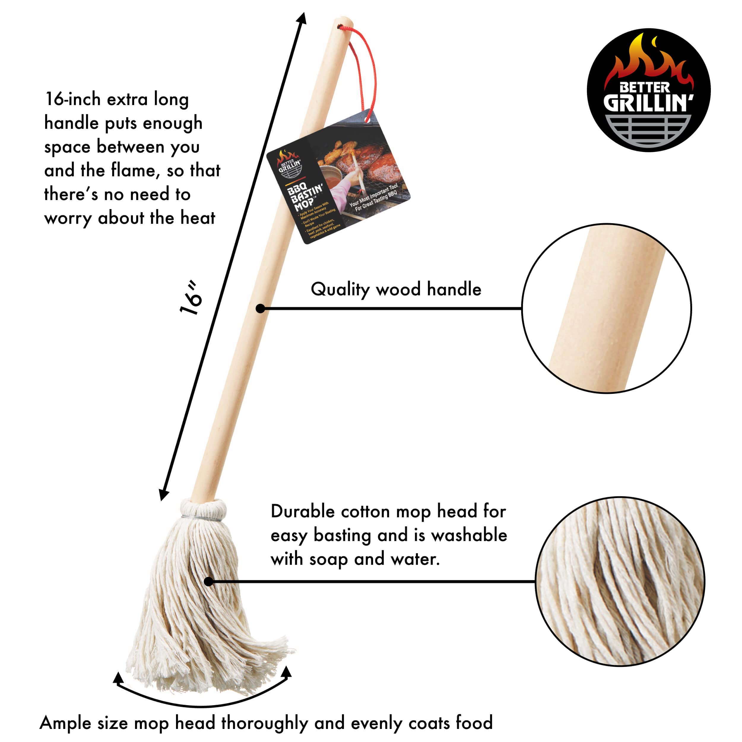 Better Grillin BBQ Bastin Mop Basting Barbecue Brush/Mop Easily Applies Marinades, Sauces, Washes Out, 16in Handle, 2pk
