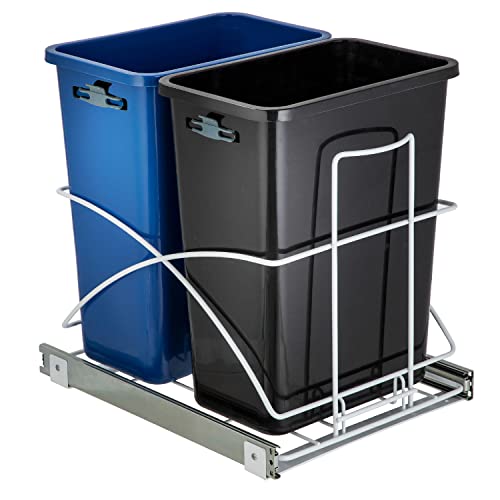Home Zone Living 15.3 Gallon Pull Out Under Cabinet Trash Can, Large Dual Removable Liners for Recycling and Trash (7.65 + 7.65 for 15.3 Gallon Total)