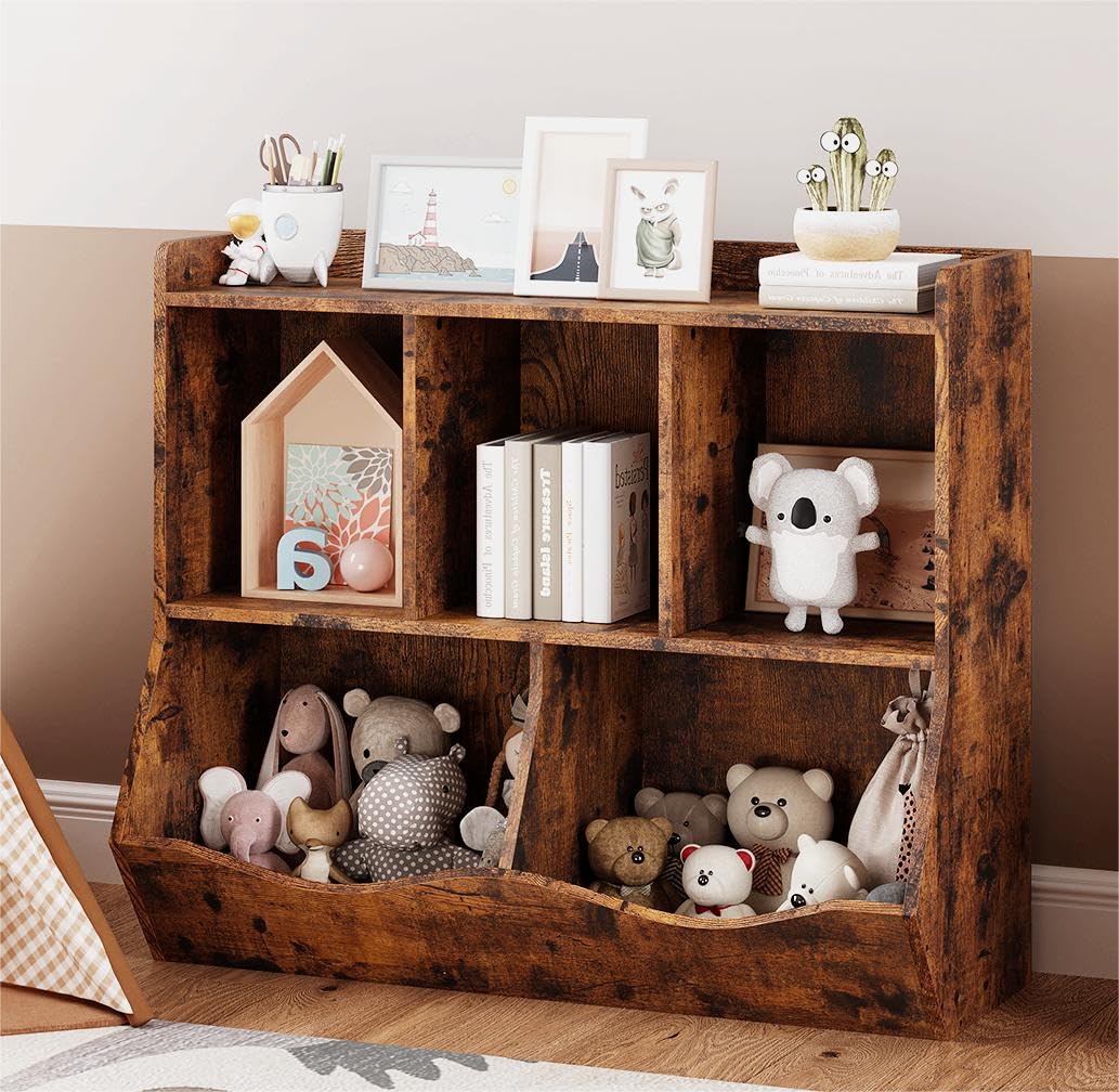 coucheta Kids Bookshelf and Toy Storage, Wooden Toy Storage Cabinet, Toy Storage Organizer with Bookcase Toddler Book Toy Shelf for Children Bedroom Playroom,Nursery, Hallway, School (Retro Brown)
