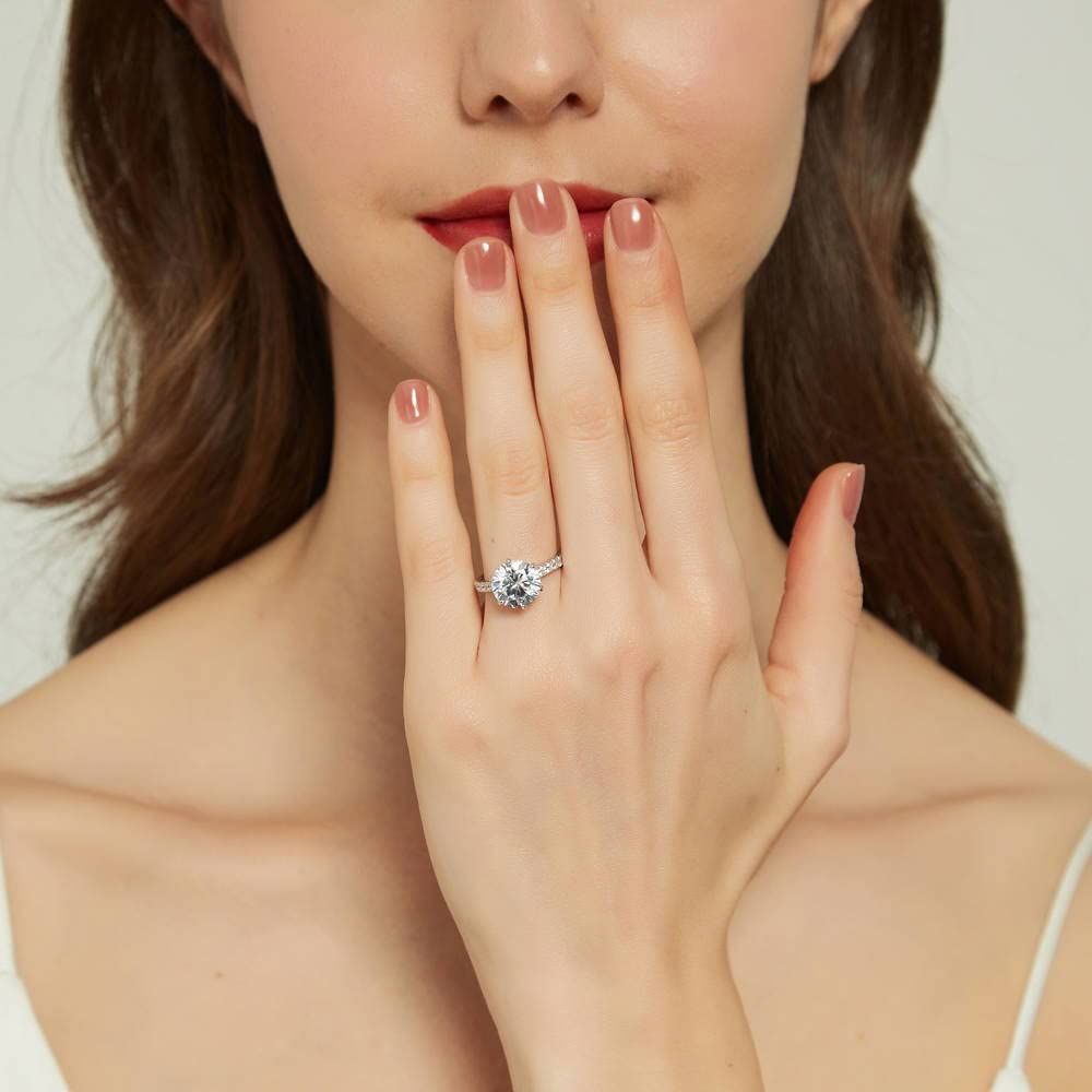 BERRICLE Sterling Silver Solitaire Wedding Engagement Rings 3.8 Carat Round Cubic Zirconia CZ Statement Ring for Women, Rhodium Plated Size 6.5