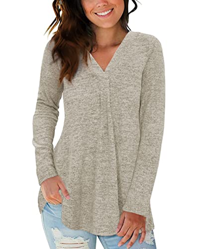 iGENJUN Long Sleeve V Neck Tunic Sweatshirts for Women T Shirts Solid Classic Loose Fit Tops 2023 Fall Fashion Trendy Outfits,Khaki,XL