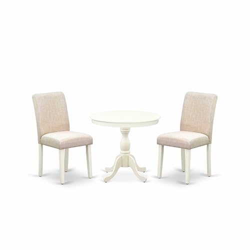 East West Furniture AMAB3-LWH-02 3 Piece Dining Room Furniture Set Contains a Round Dining Table with Pedestal and 2 Light Beige Linen Fabric Upholstered Chairs, 36x36 Inch, Linen White