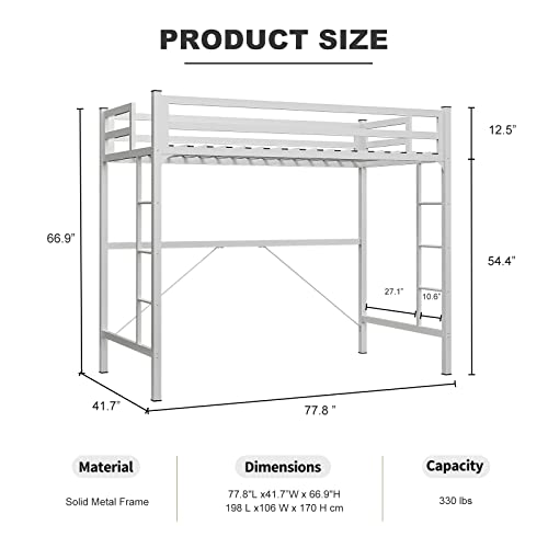 IKIFLY Junior Metal Twin Loft Bed Frame/Two Build-in Ladders & Safety Guard Rail - for Adults/Teens - Easy Assembly, Space-Saving Design - White