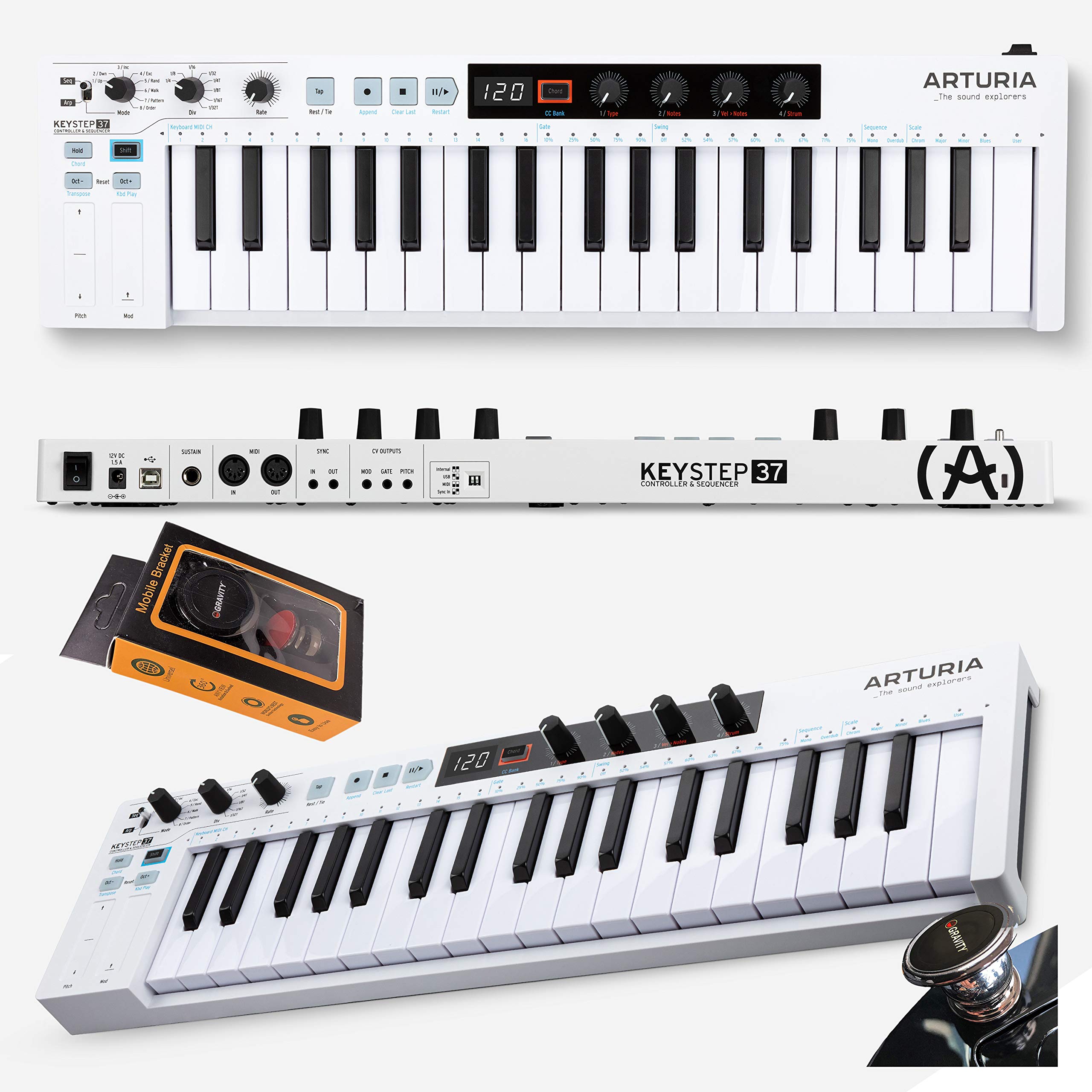 Arturia KeyStep 37 37-Key Controller & Sequencer MIDI Controller with Polyphonic Step Sequencing; Chord and Arpeggiator Modes; Capacitive Pitch and Mod Strips; CV/Gate and Gravity Phone Holder Bundle