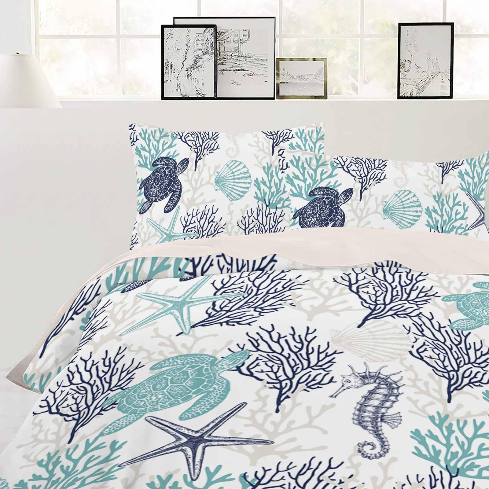 Lsrtoss Teal Blue Coastal Queen Duvet Cover Set for All Season, Sea Turtle Nautical Coral Summer Beach Microfiber 3 Piece Bedding Set with 2 Pillowcases & 1 Quilt Cover, 90" W x 92" L, Queen Size