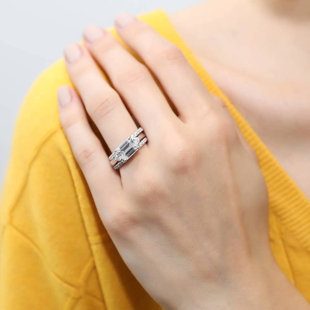 BERRICLE Sterling Silver 3-Stone Wedding Engagement Rings Emerald Cut Cubic Zirconia CZ East-West Ring Set for Women, Rhodium Plated Size 5.5