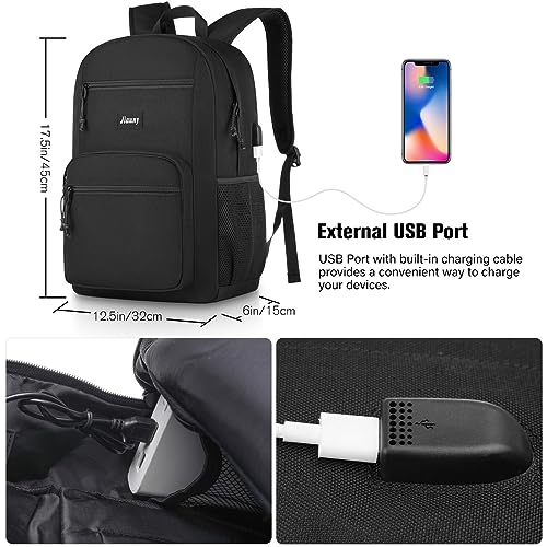 Jiauny 17 Inch School Backpack,Classic Backpack Lightweight Bookbag Scoolbag with USB Charging Port for High School Teens College Students Work Office Adult,Black