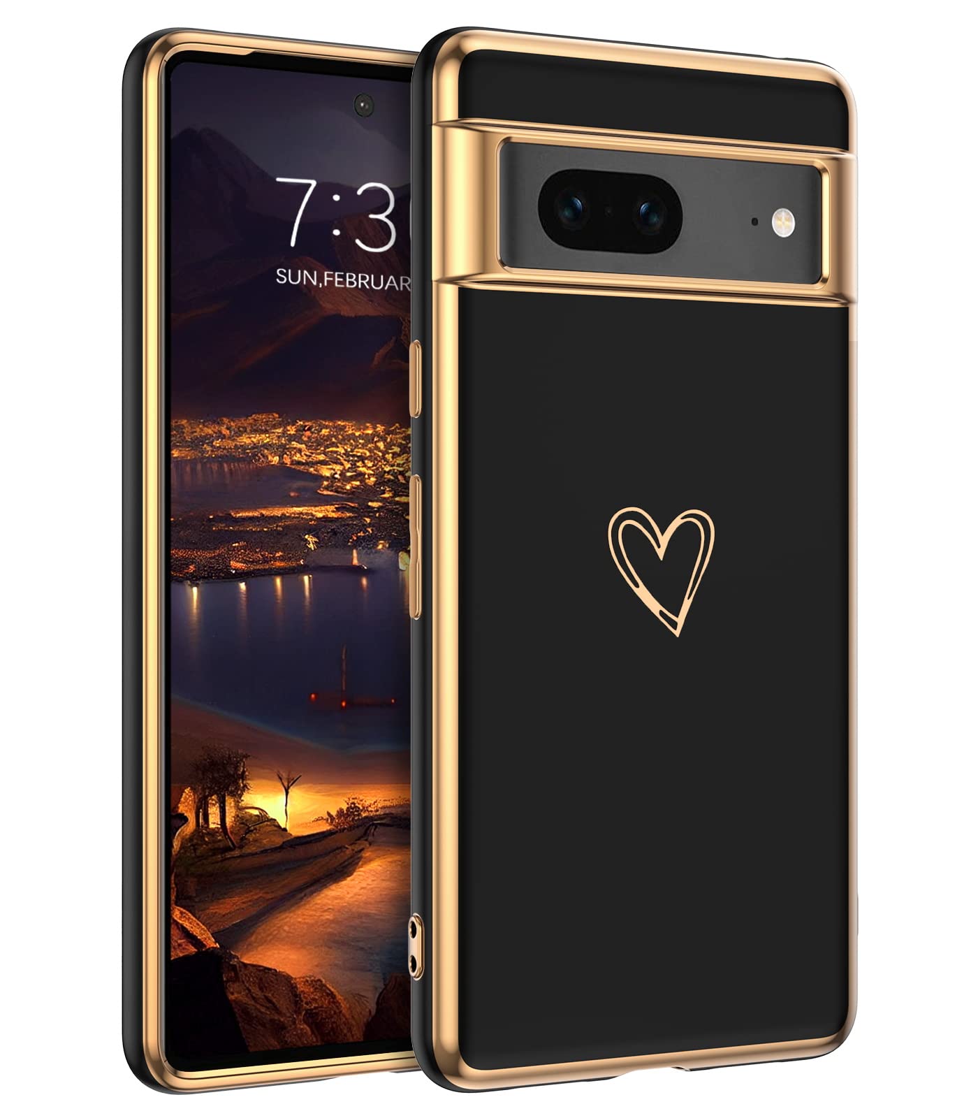BENTOBEN Google Pixel 7 Protective Case, Heart Plating, TPU, Lightweight, Flexible, Non-Slip, Shockproof, 6.3 Inch, Black