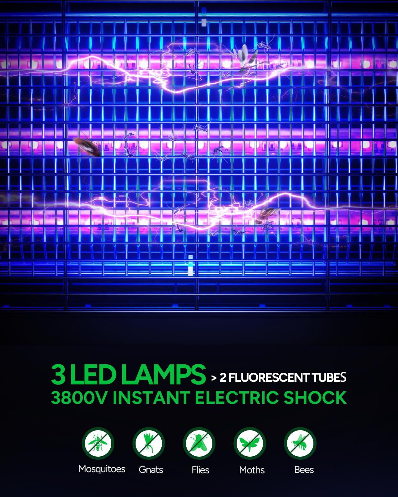 Buzbug LED Bug Zapper Indoor, 10 Years Lifespan 3 Lamps Sustainable Less Power, 3800V Powerful Electric Mosquito Zapper, Durable Fly Trap Mosquito Trap, Fly Killer Fly Zapper -MA009