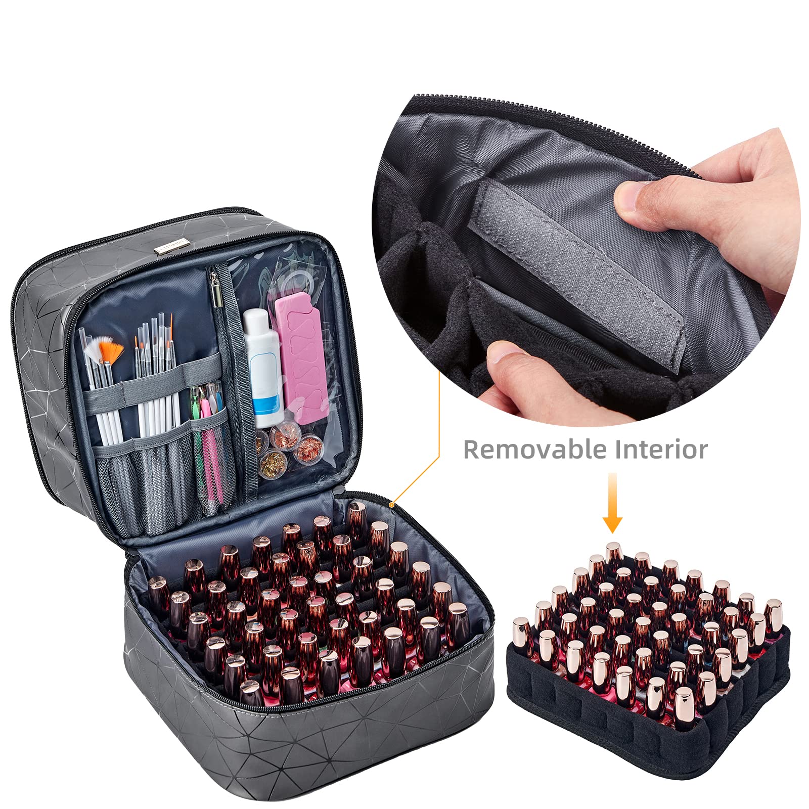 CHAMIN Nail Polish Organizer Case Hold 42 Bottles (15ml) and Nail Lamp, Nail Art Supplies Carrying Case With Detachable Interior, Double Layer Grey