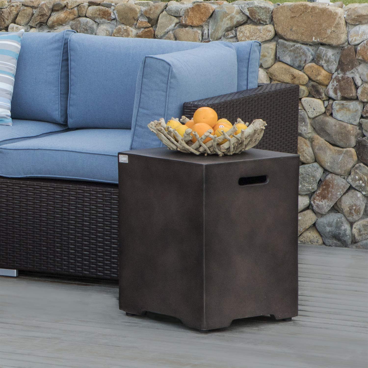 COSIEST Outdoor Hideaway Tank Table for Gas Fire Pits, Hides Standard 20lb 16-inch Propane Tank Cover, Concrete Bronze Finish, Side Handles