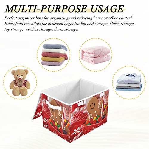 DOMIKING Gingerbread Man Large Storage Bin with Lid Collapsible Shelf Baskets Box with Handles empty gift basket for Nursery Drawer Shelves Cabinet
