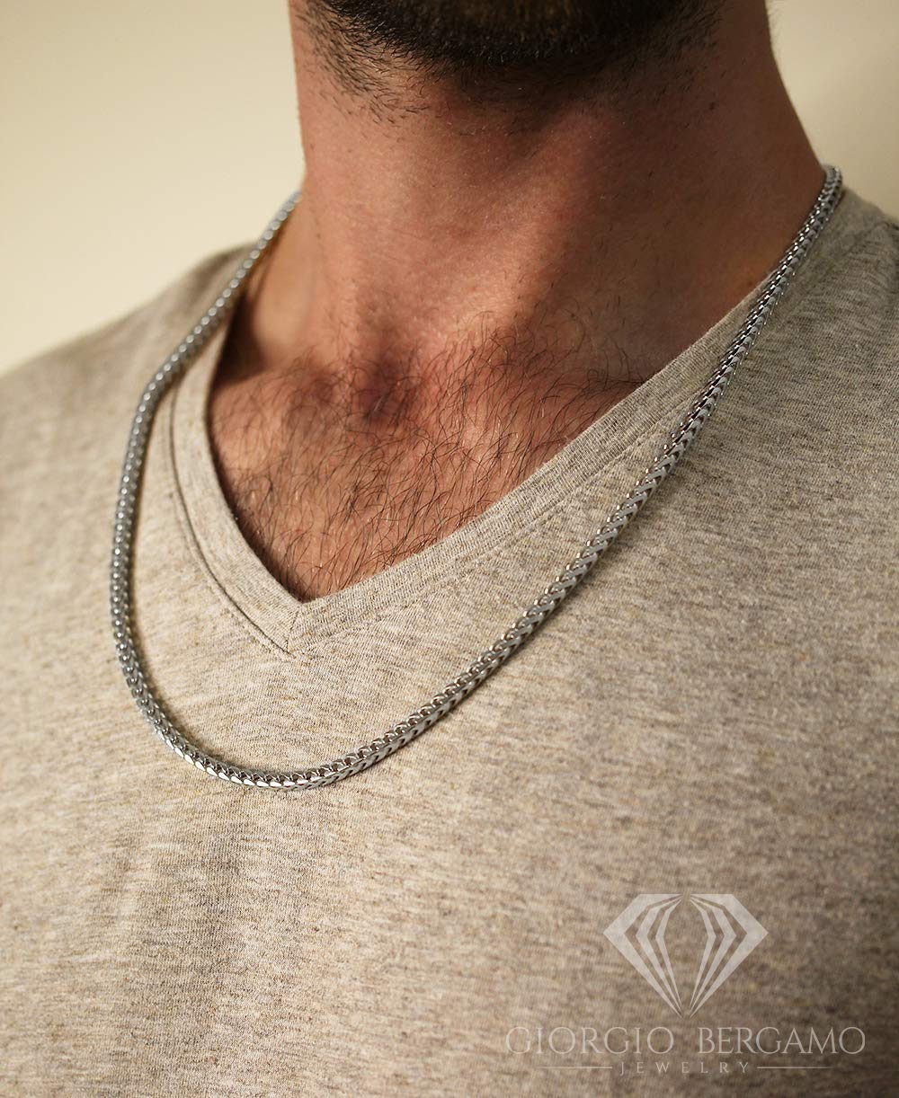 Giorgio Bergamo 925 Italian Sterling Silver 3mm Solid Franco Chain, Rhodium Plated Square Box Link Necklace, (24)
