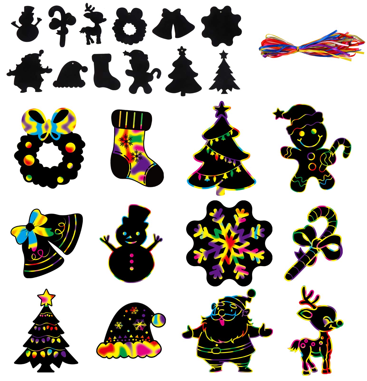 FINGOOO Scratch Art for Kids,48 Christmas Rainbow Scratch Paper Art Set with 12 Wooden Stylus Xmas Craft Decor