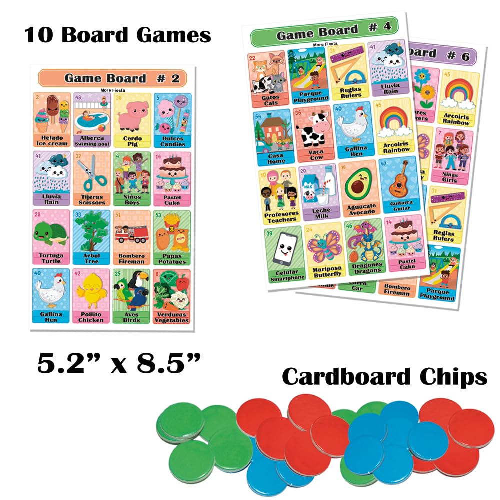 More Fiesta Bilingual Bingo Game Set in English and Spanish, Mexican Bingo for 10 Players - 10 Boards, Full Deck of Cards and Chips