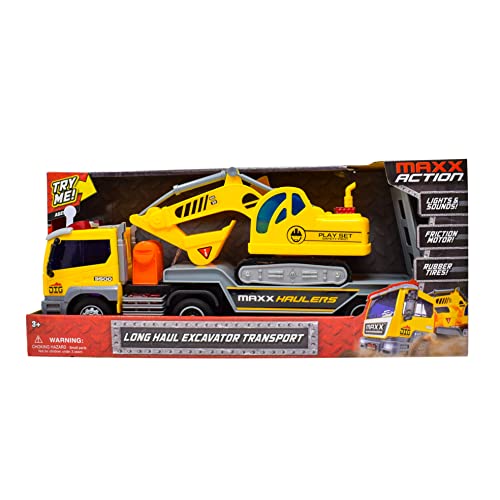 Maxx Action 17’’ Vehicle Transport with Excavator – Bright Lights and Construction Sounds | Friction Powered Trailer | 3 Piece Toy Playset for Kids | Yellow Construction Truck for Kids