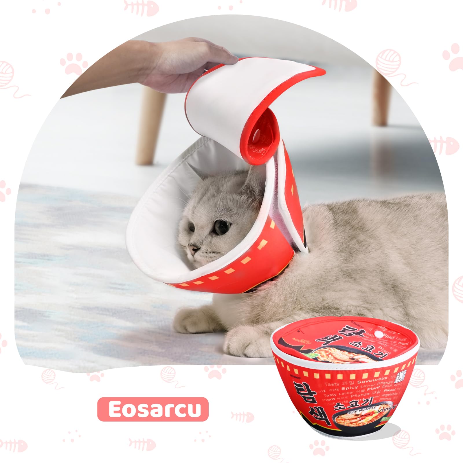 Eosarcu Cat Cone Collar Soft, Widen Cat Collar to Stop Licking, E Collar for Cats, with Strong Velcro & Waterproof Fabric, Ramen Style (M)