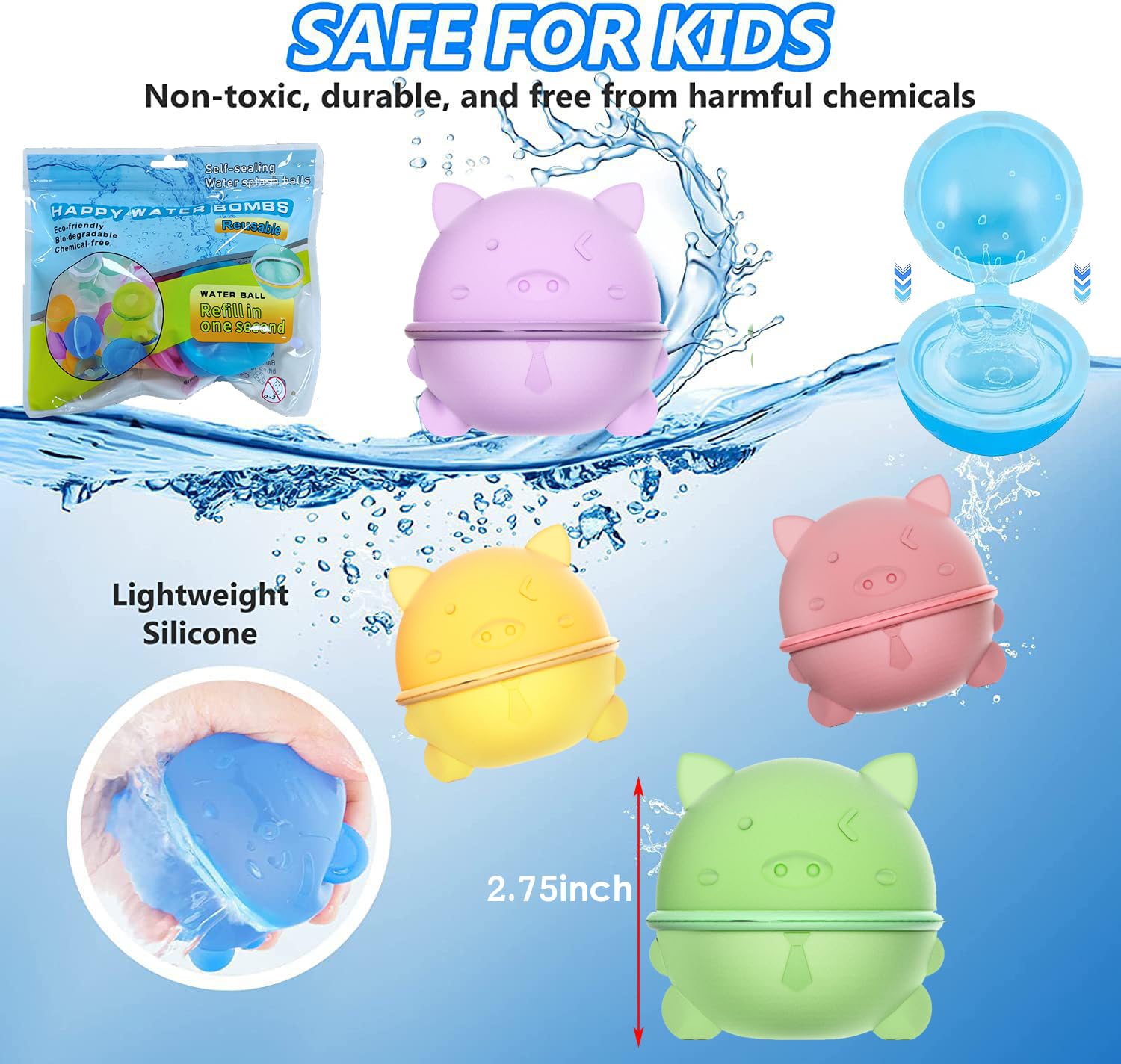 Azgoot Magnet Reusable Water Balloons,Magnetic Silicone Self-Sealing Quick Fill Splash Water Balls for Kids 3 Years and Up (5pcs)