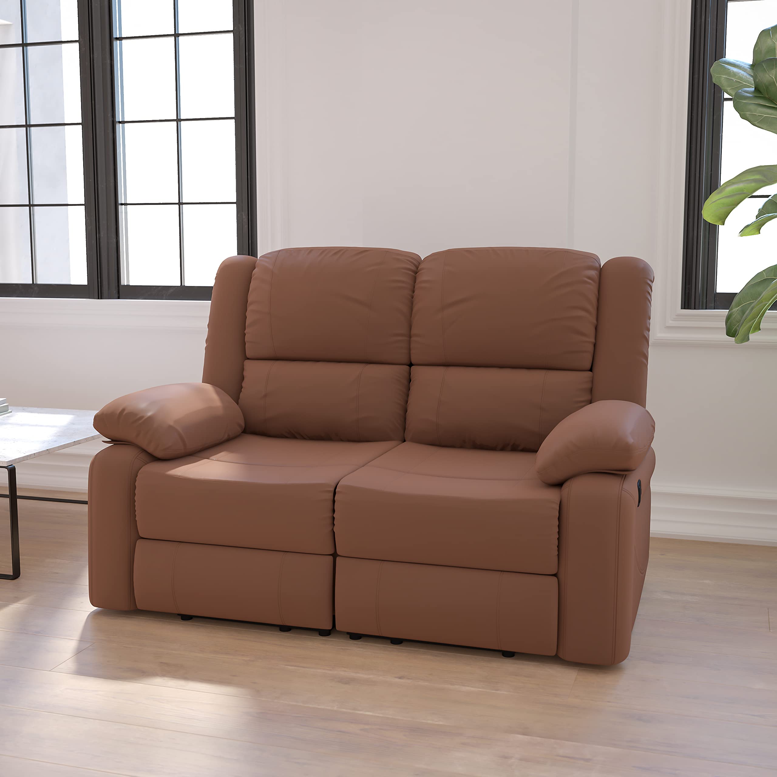 EMMA + OLIVER Brown LeatherSoft Loveseat with Two Built-in Recliners