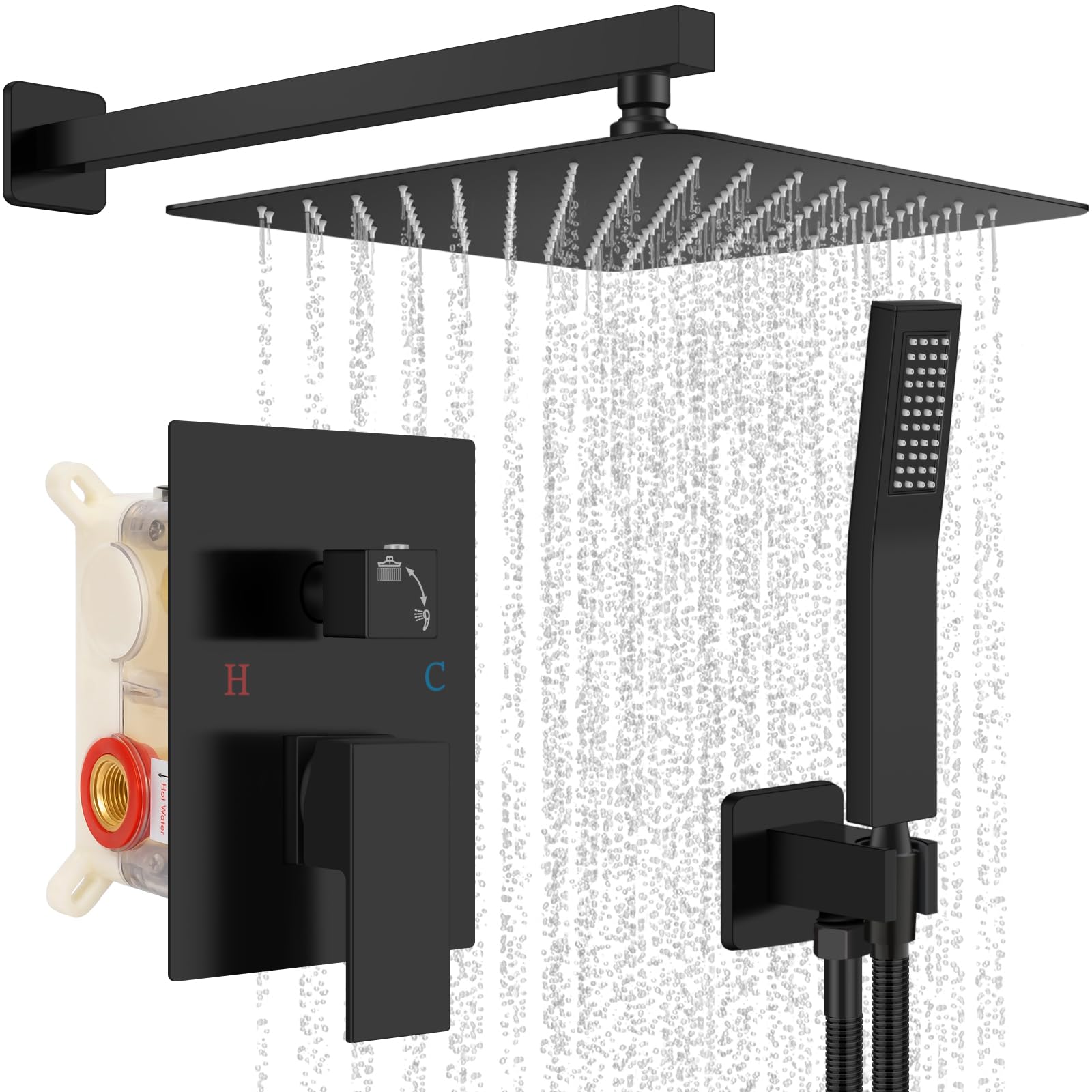 Baetuy 12 Inch Shower Faucet Set, Rainfall Shower System with High Pressure Handheld and Square Fixed Shower Head,Spray Wall Mounted Shower Fixtures