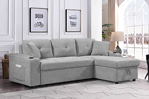 Cotoala L-Shape Sectional Sofa with Pull-Out Bed and Storage Space, Right Chaise Longue Convertible Sleeper Couch w/ 2 Cup Holders & Side Pockets, for Living Room, Apartment, 92", Gray