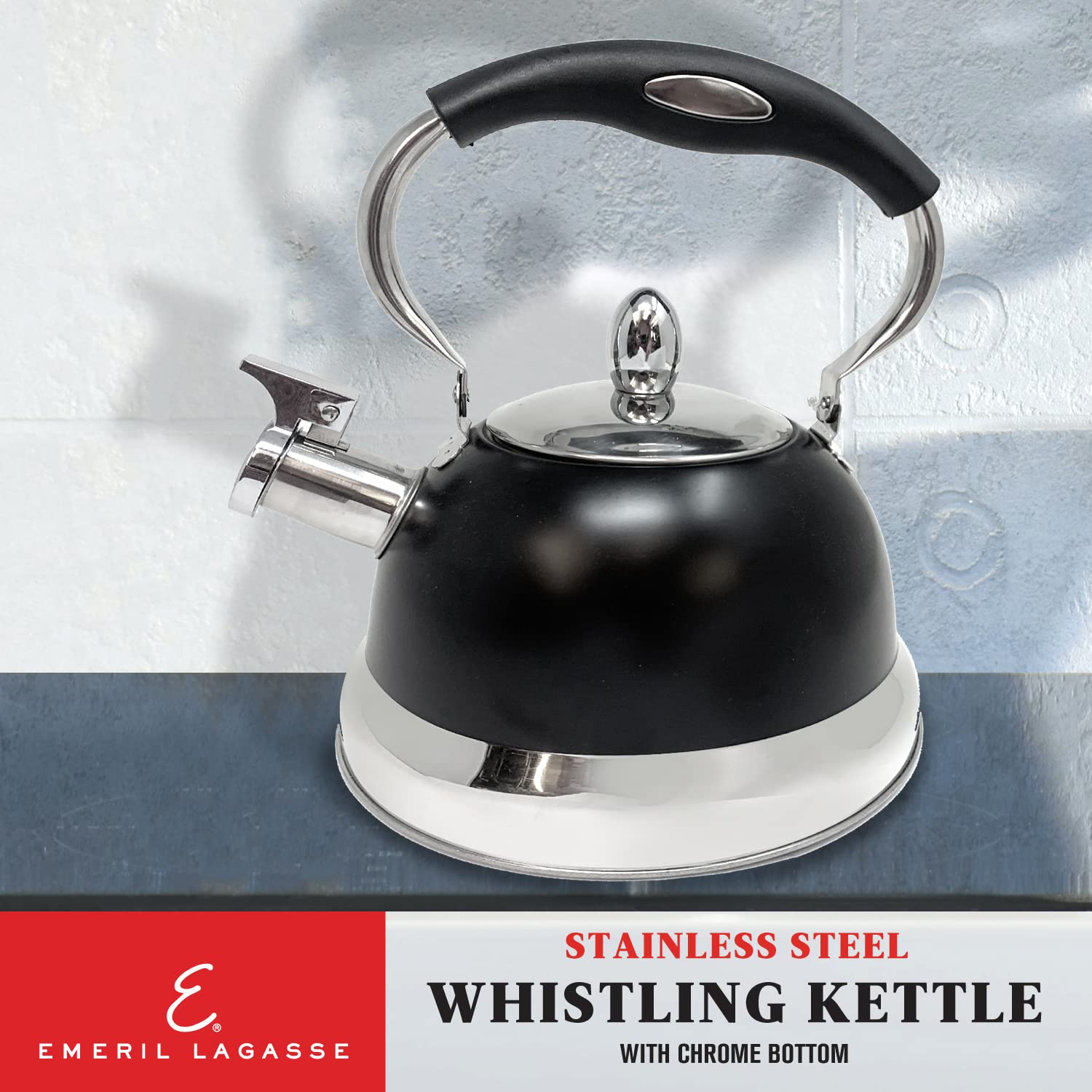 Emeril Lagasse 2.6 Quart/2.5 Liter Whistling Tea Kettle, Stainless Steel Tea Pot for Induction Stove Top, Fast to Boil Water for Home Kitchen Condo, with Ergonomic Cool Folding Grip Handle, Black Comb